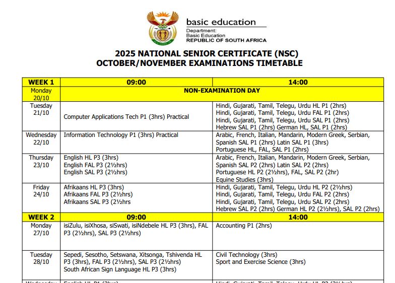 2025 NSC October/November Final Exam Timetable Released
